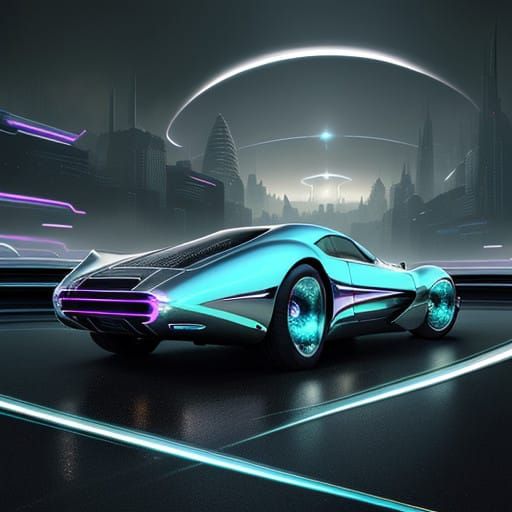 A chromed iridescent, sleek, retro-futuristic dreamcore car ...