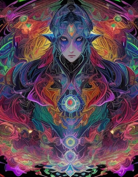 Hyper detailed cubist psychedelic artwork of elf as a charming villain ...