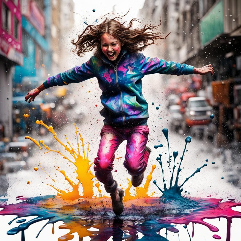 girl jumping into an ink splatter rain puddle - AI Generated Artwork ...