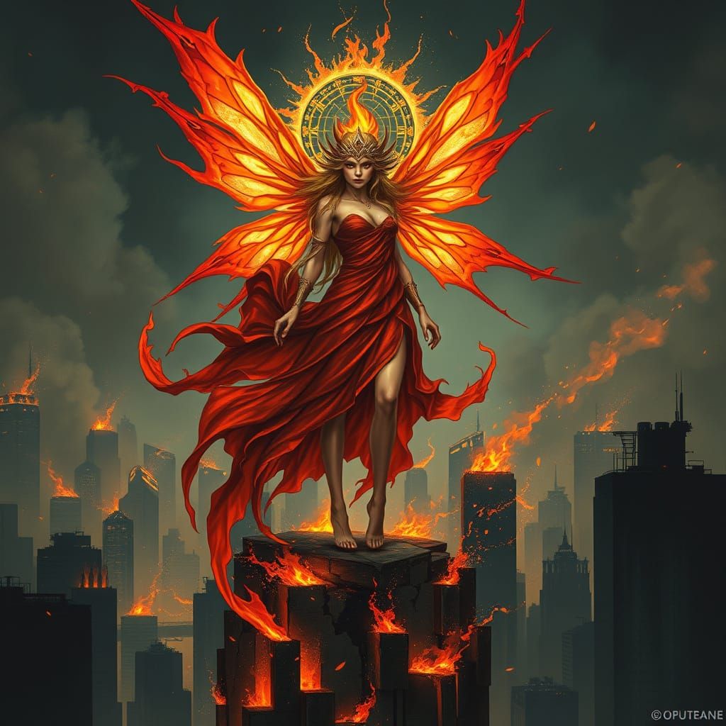 Fiery Avatar Fairy Defiant on Ruined Skyscraper - AI Art
