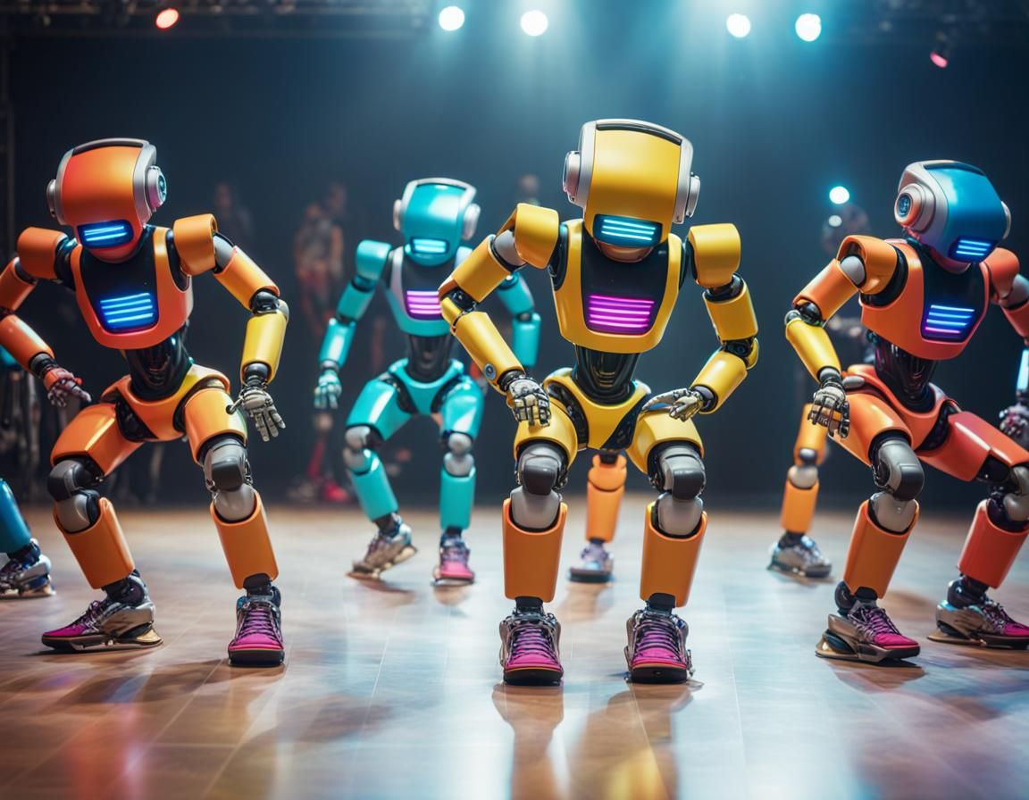 Synchronised group of colorful robots dancing breakdance, breakdance ...