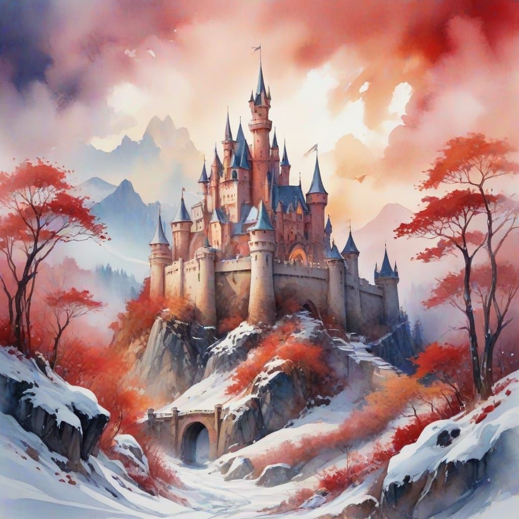 Fantasy Winter Castle in Vibrant Watercolor - AI Art