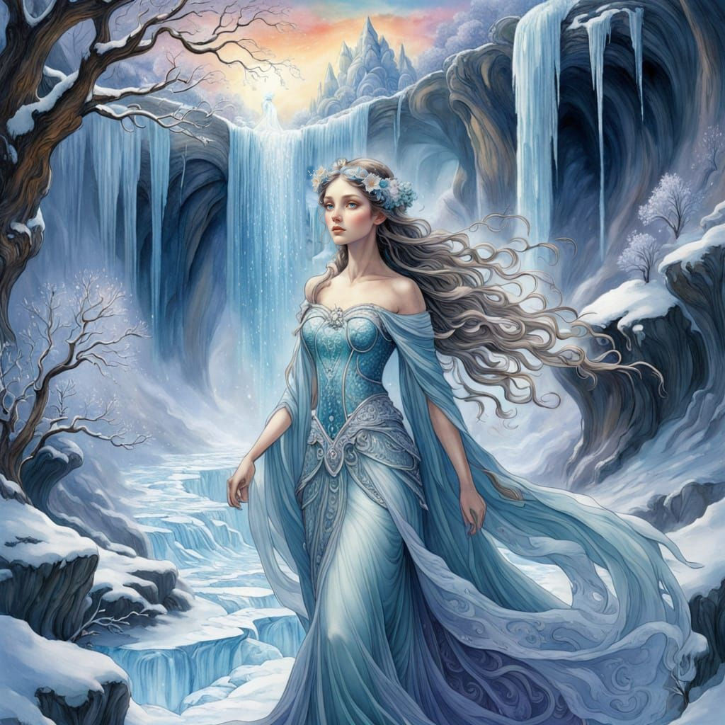 : A giant ethereal maiden, clad in a gown of snow and ice, stands guard over a frozen waterfall ...