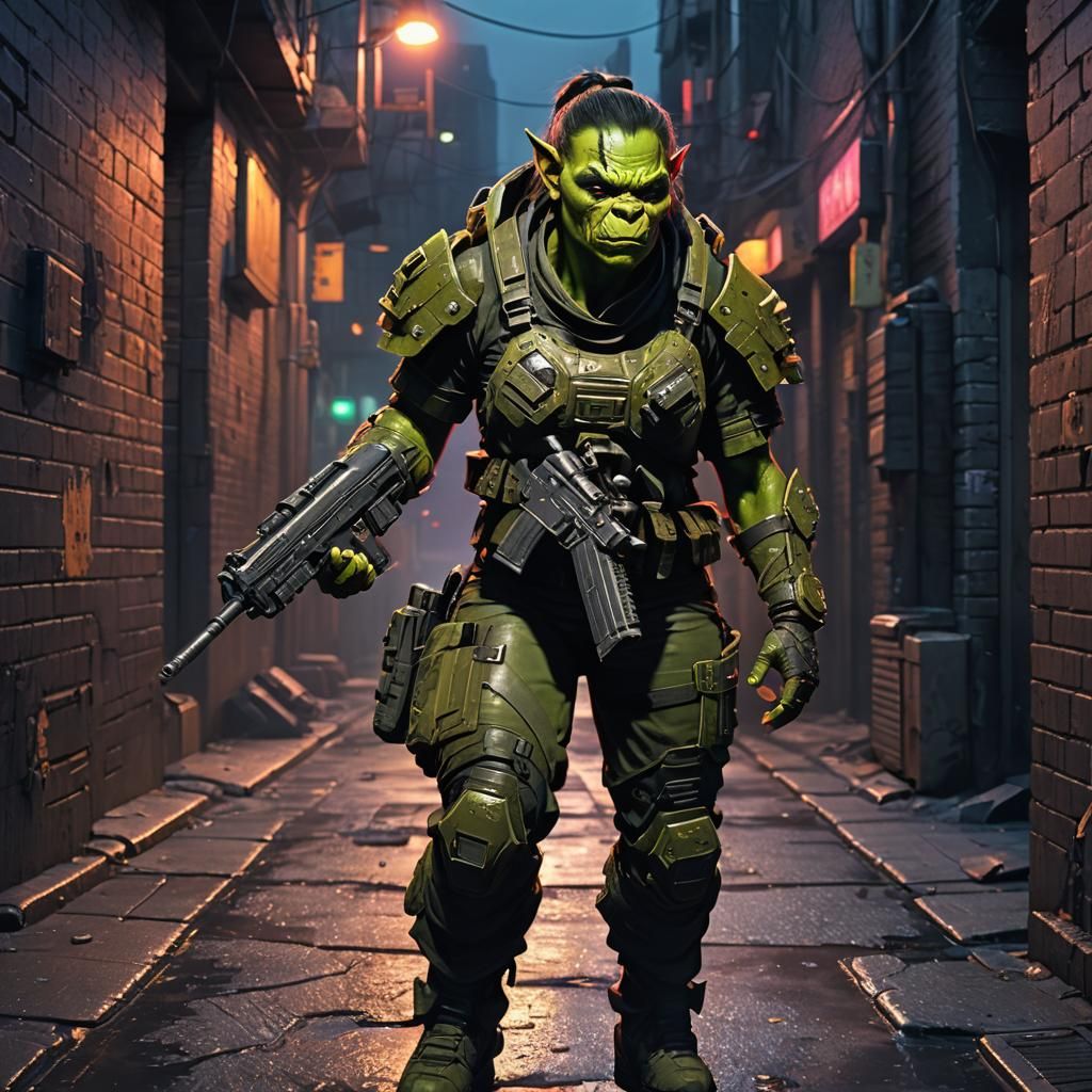 Cyberpunk Orc Warrior in Neon Cityscape - AI Art