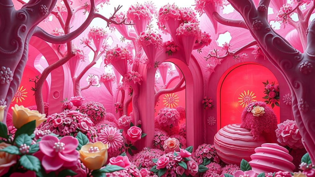 Candyland candy forest, surrounded by intricate candy flowers and candy ...