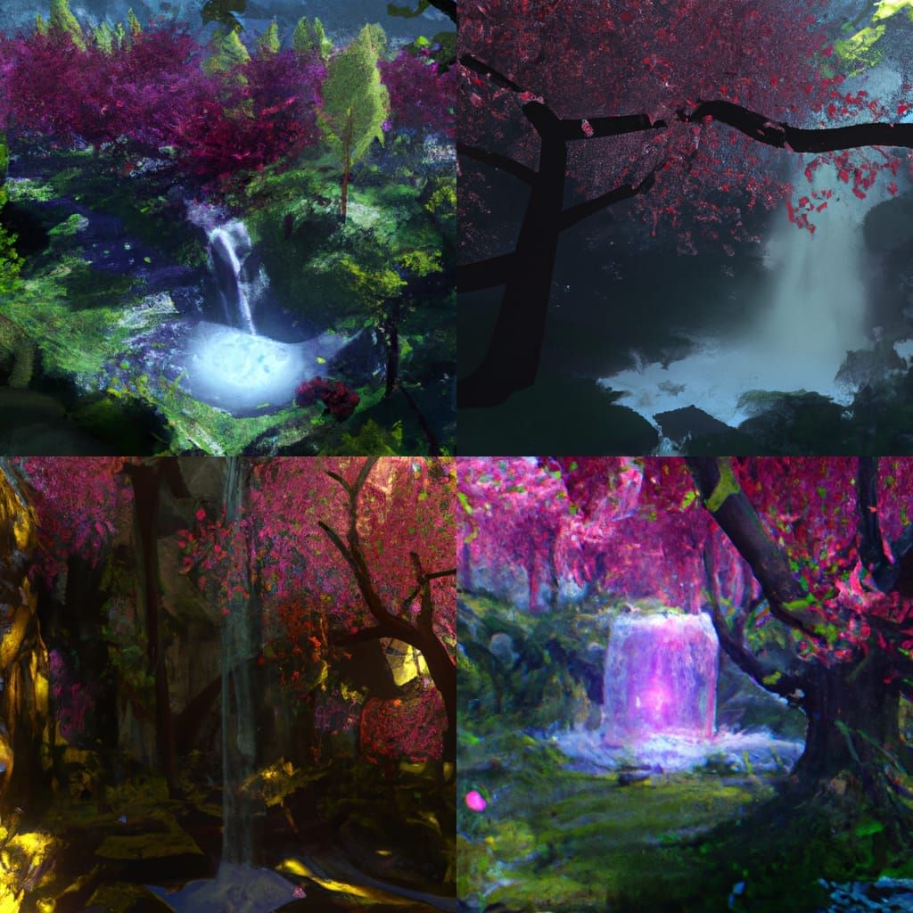 a cherry tree forest with small waterfall realistic - AI Generated ...