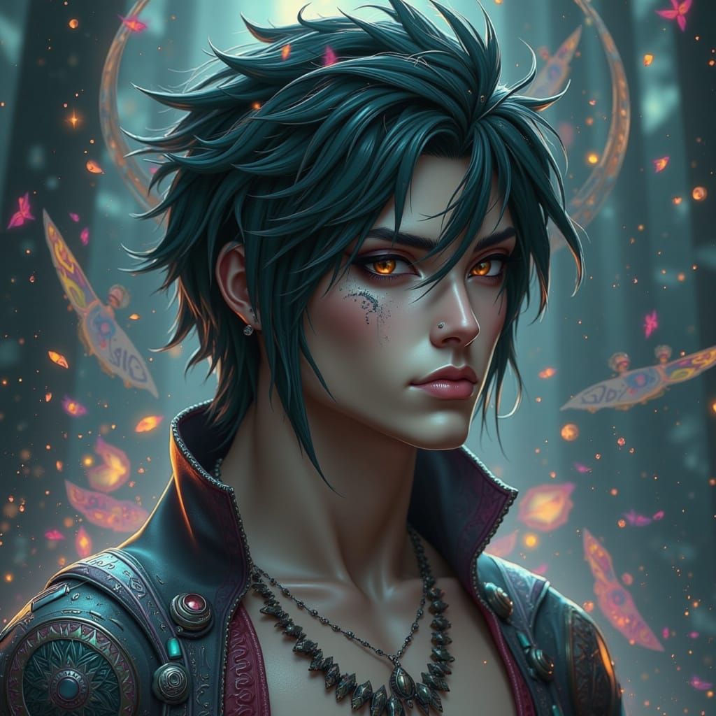 A gorgeous nonbinary young man, dark teal-purple hair messy spiky, with ...