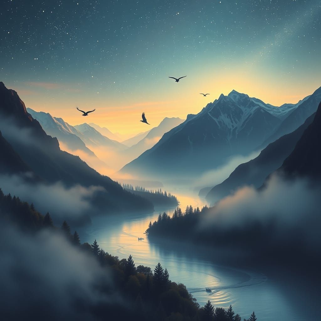 Journey - Misty Mountain River at Dawn: Whimsical Celestial ...