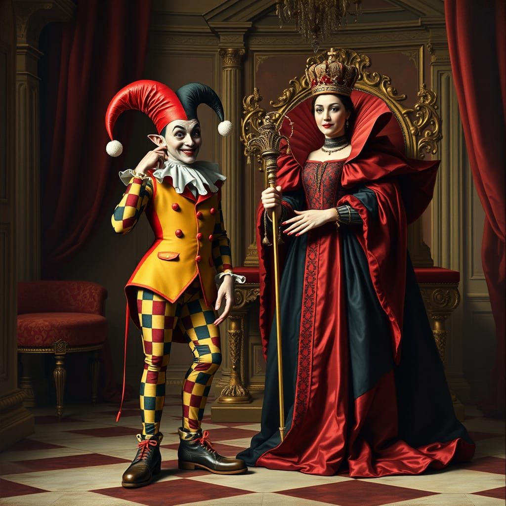 A jester and the Queen of Hearts standing next to each other in a ...