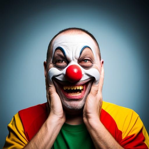 crying Clown holding a grinning mask in front of face, beautiful ...