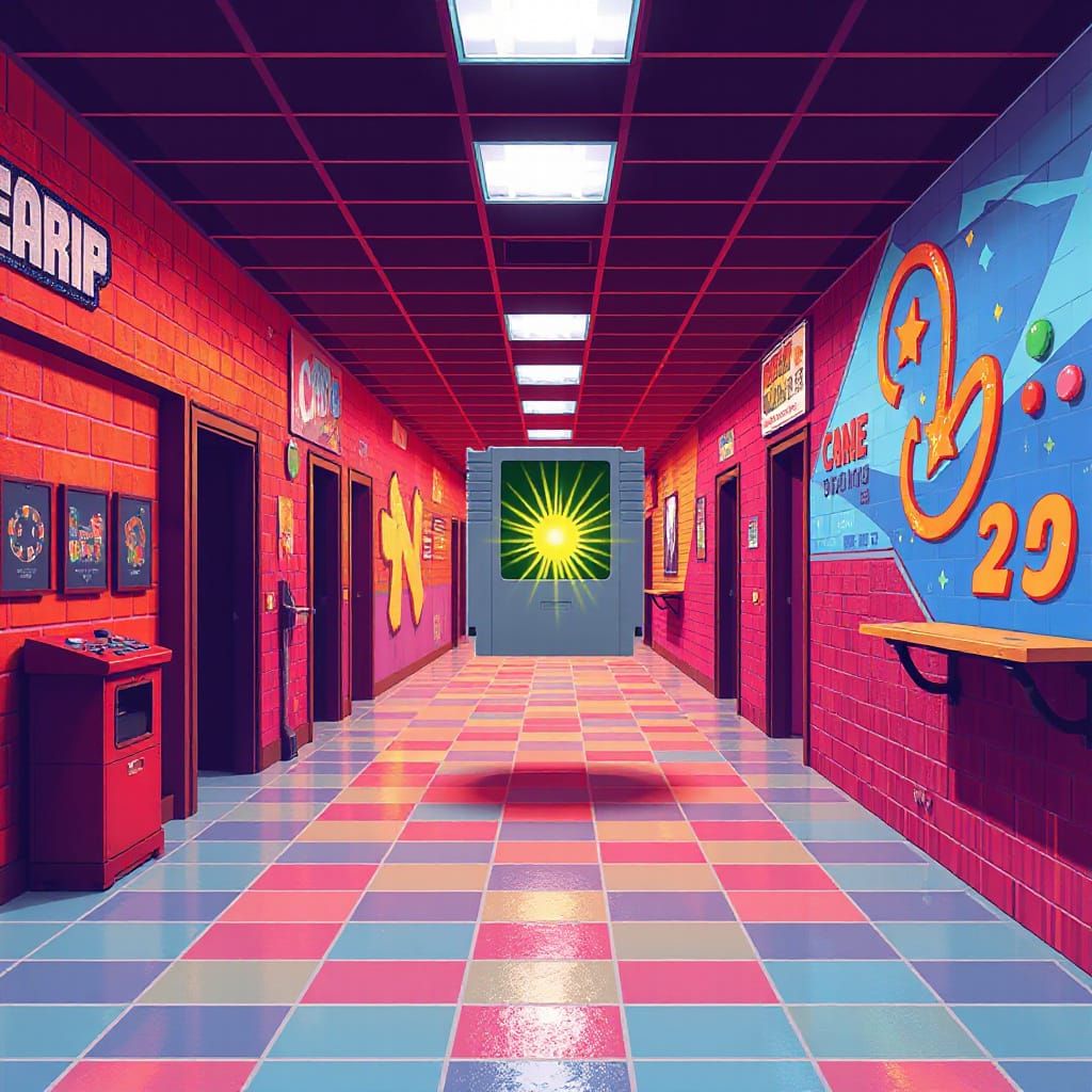 Retro Arcade Hallway Transforms to 2D Pixel Art - AI Art