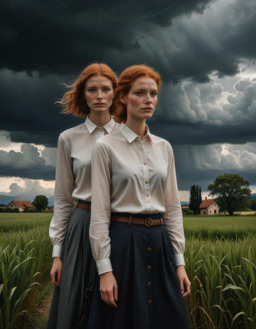 Young Redhead in a Veneto Landscape with Blonde Fr... - AI Art