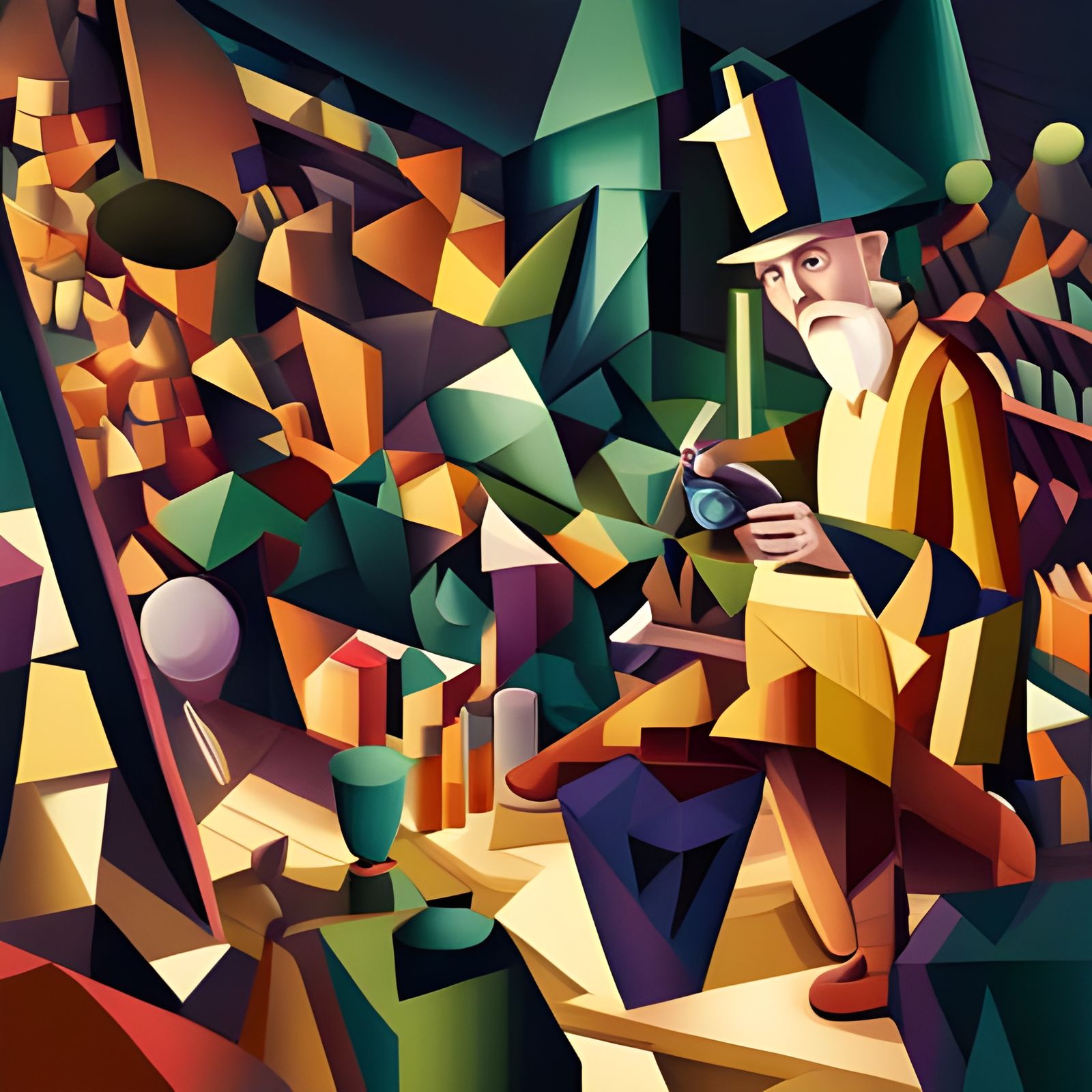 A wizard making a potion cubist painting, Neo-Cubism, layered ...