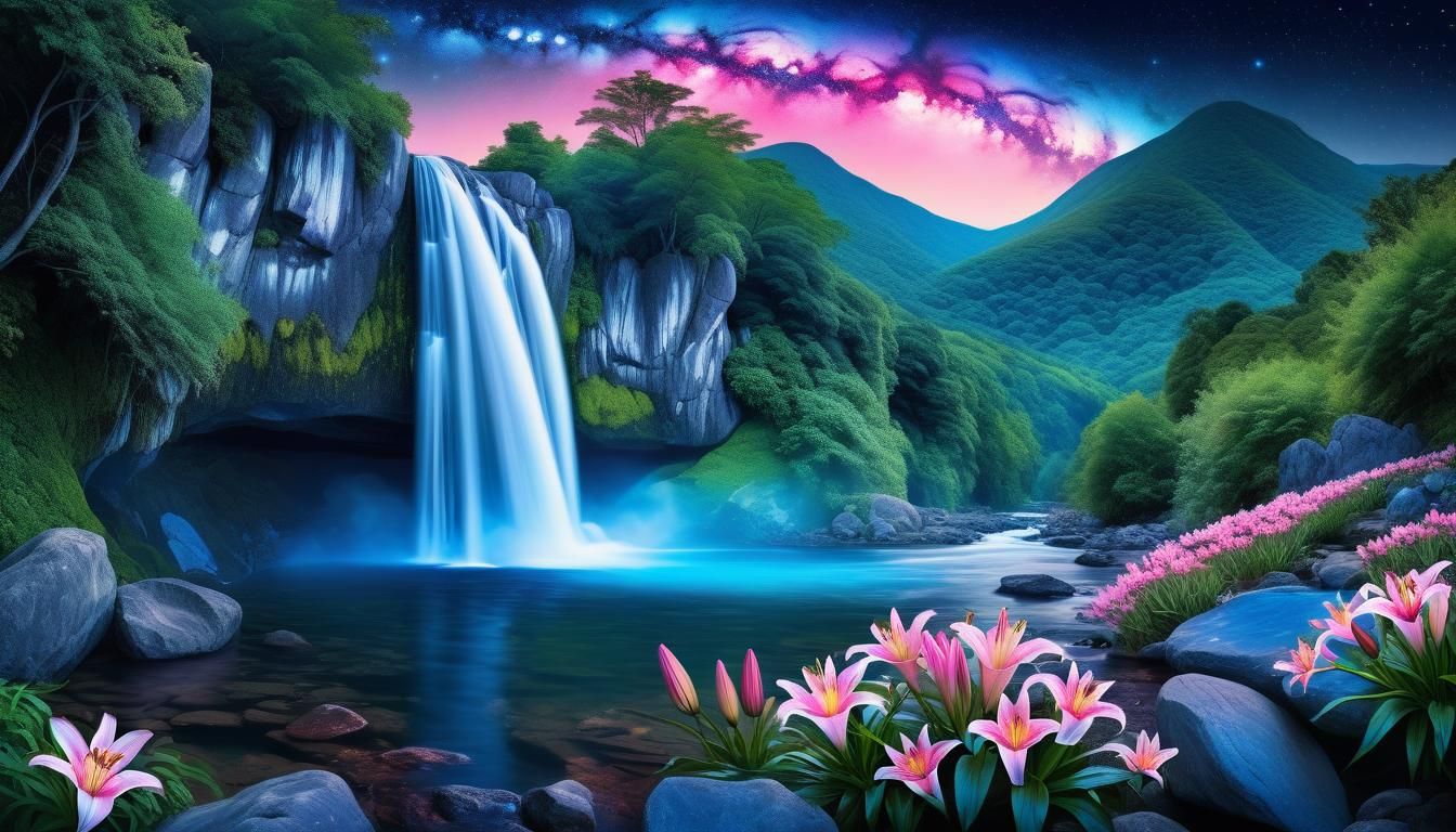 Fantastic landscape with waterfall, rocks, pink and blue lilies, river ...