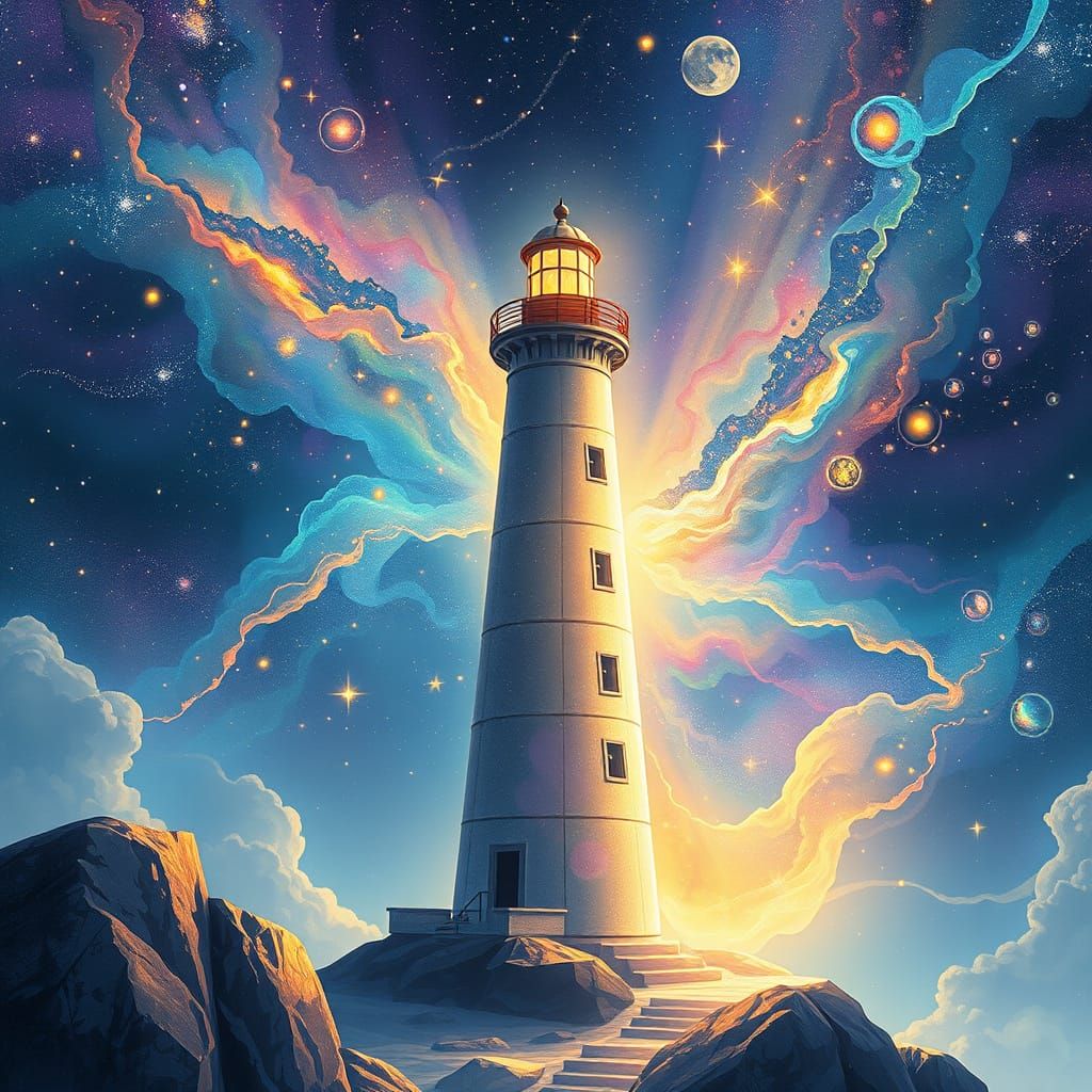 Luminous Cosmic Lighthouse in Vibrant Holographic ... - AI Art
