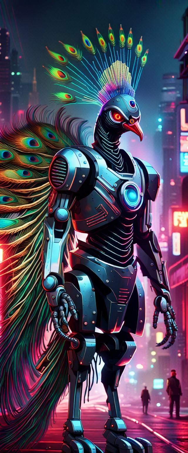 Cyberpunk Robot Peacock Unleashes Laser Fury - AI Art