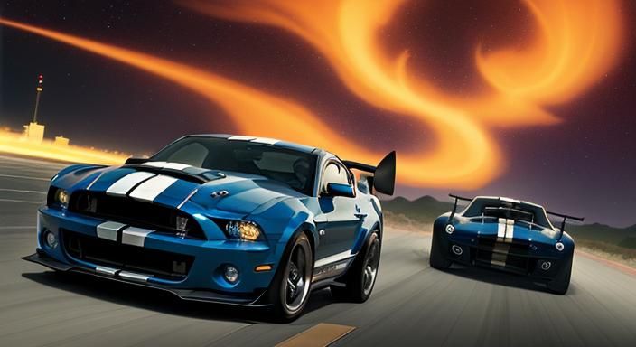 Shelby GT500R street racing down the strip, burning rubber! night sky ...