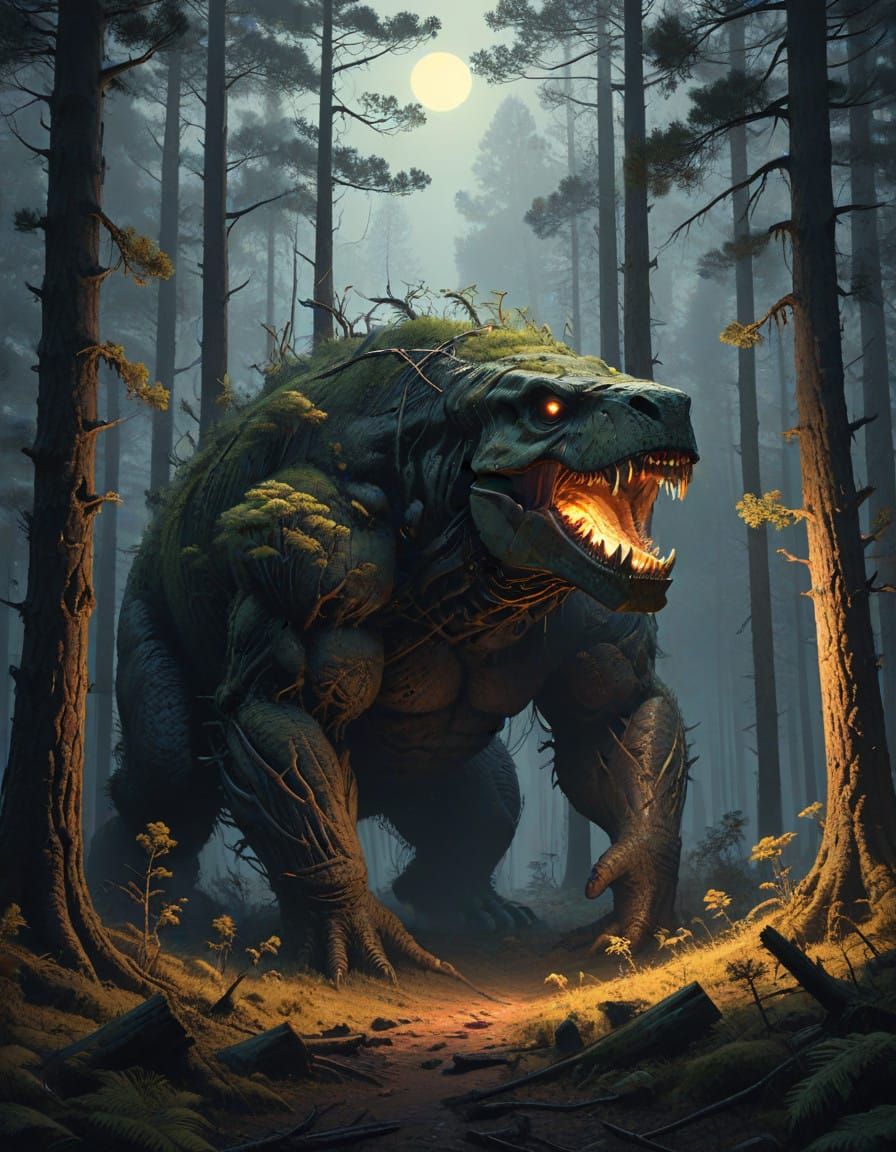 Gargantuan Behemoth Devours Prey in Pine Forest La... - AI Art