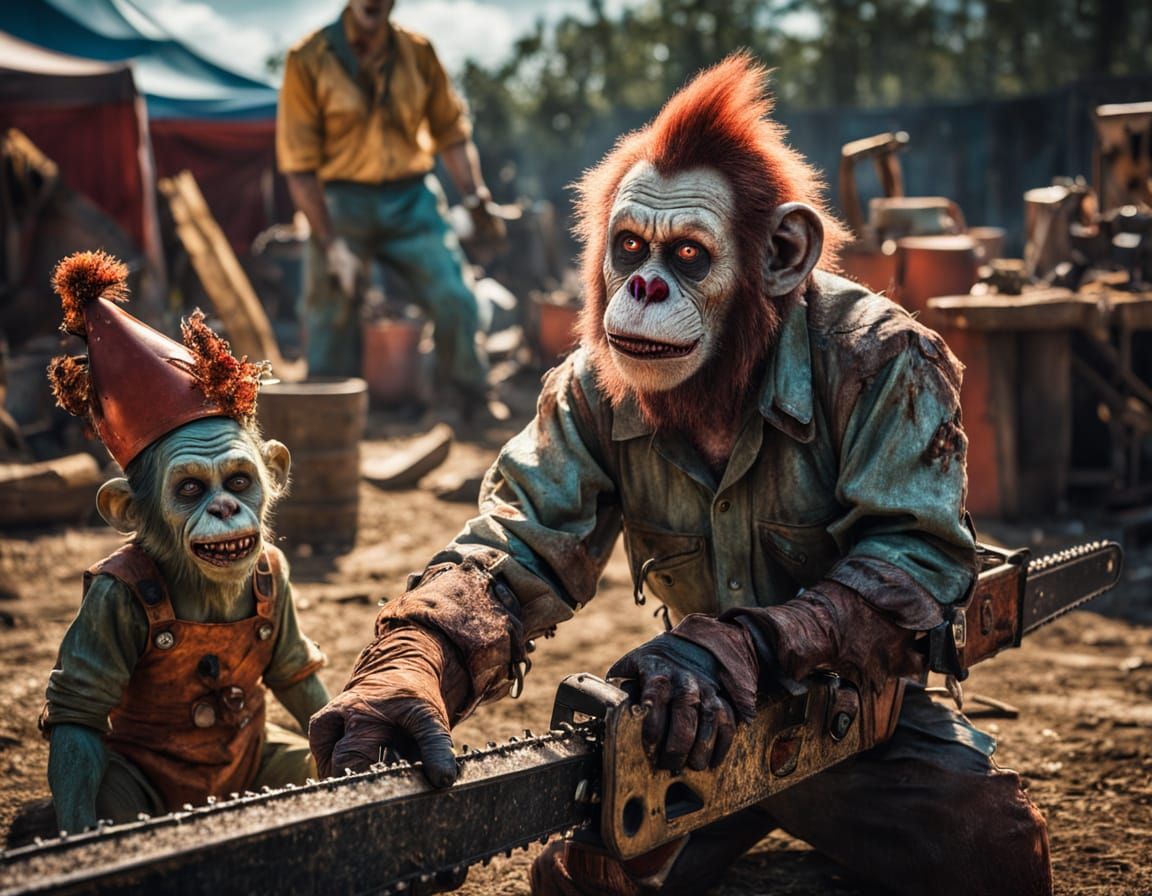 Zombie Monkey Monster Circus Clown Playing With A Chainsaw
