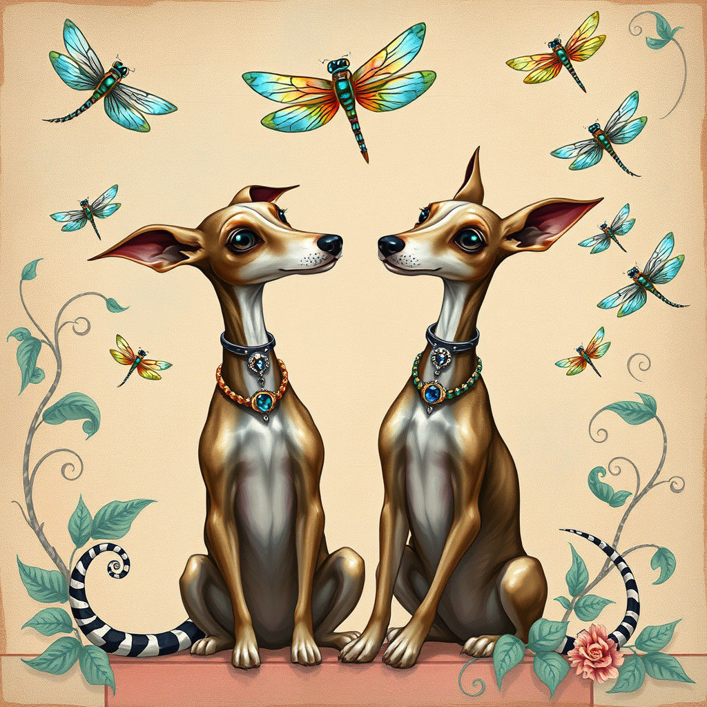 Two dogs - Whimsical Canine Encounter with Enchanted Dragonf...
