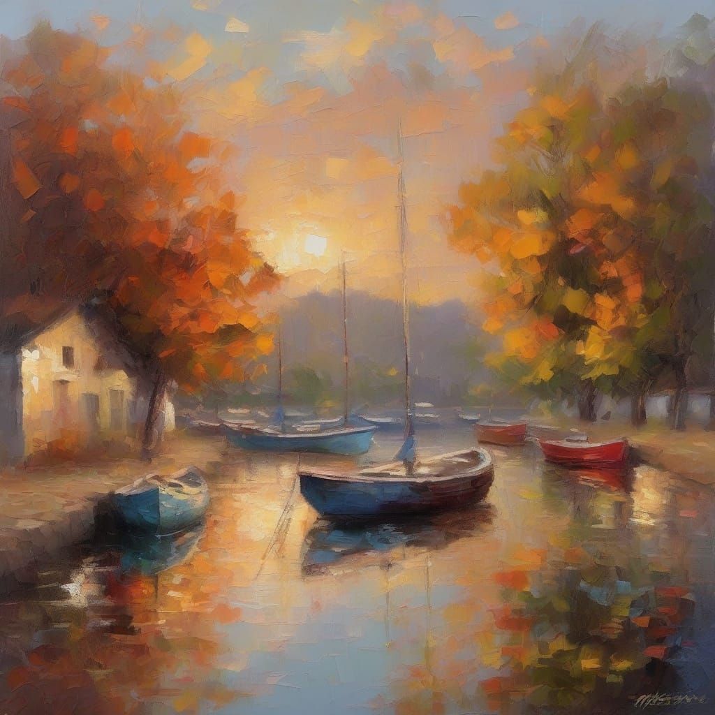 Peaceful Harbor Village at Sunset in Impressionist... - AI Art