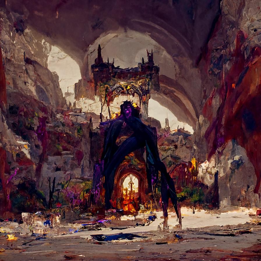 A demon looming over Ruins of a medieval castle in Gouache Style ...