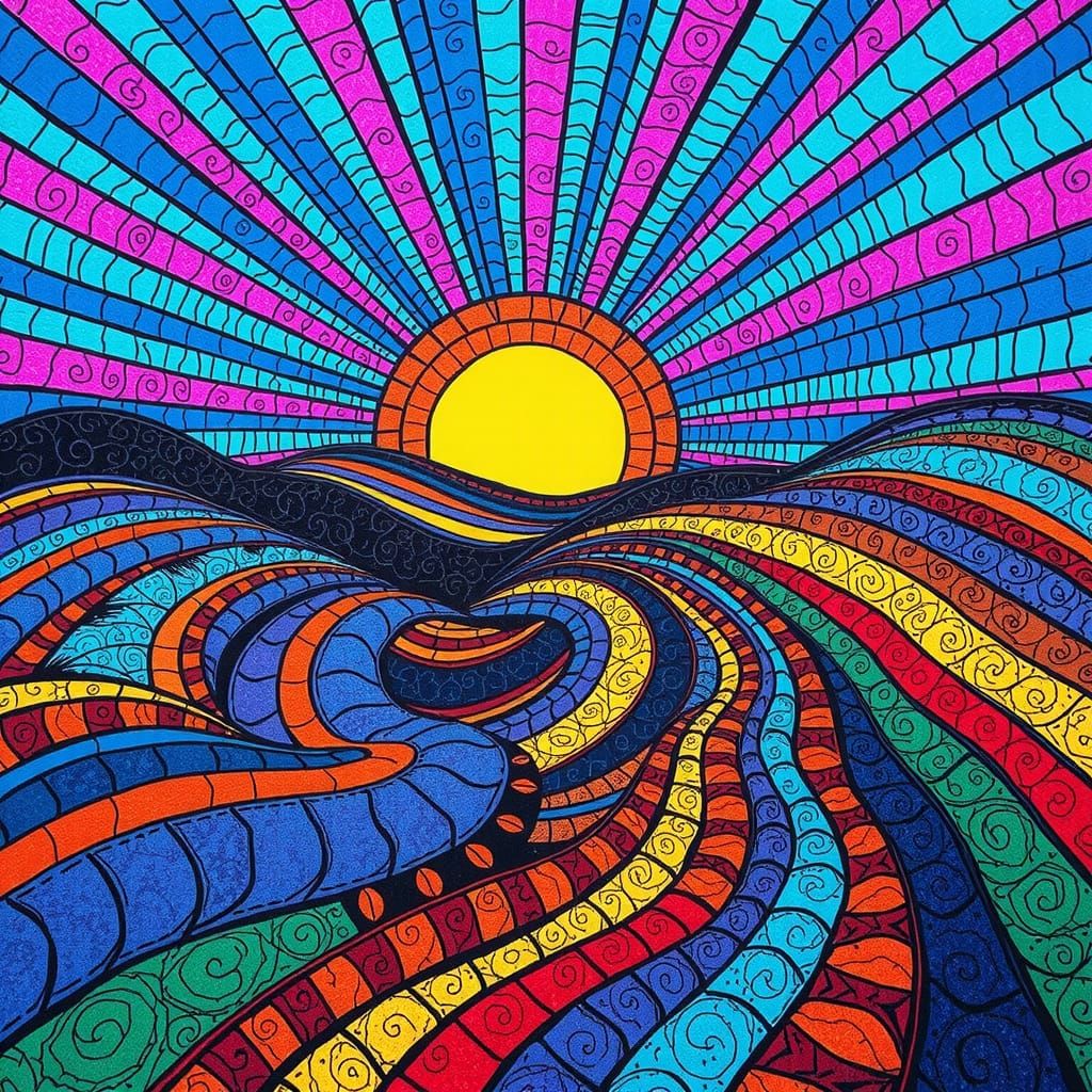 Zentangle striped Neon Landscape - Zentangle striped Neon La...