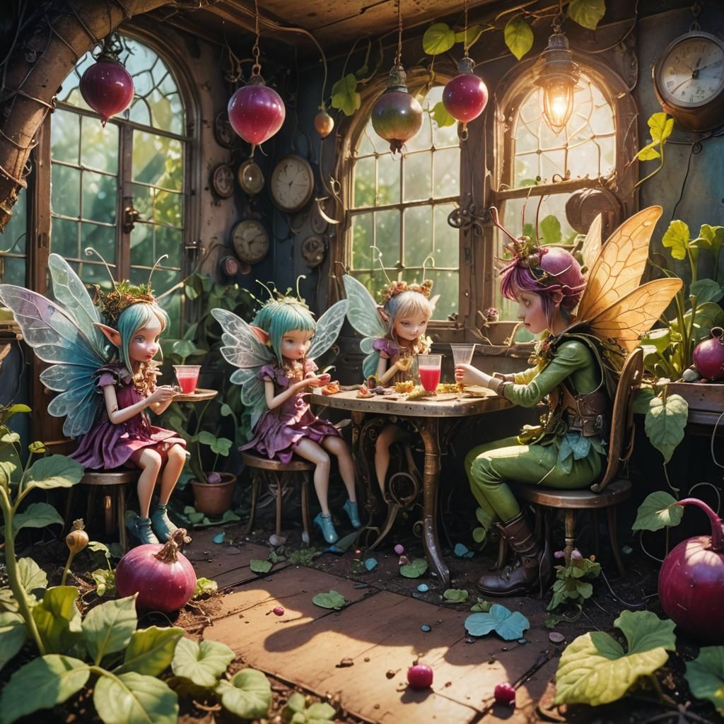 Surreal Steampunk Fairies in Cozy Garden Oasis - AI Art