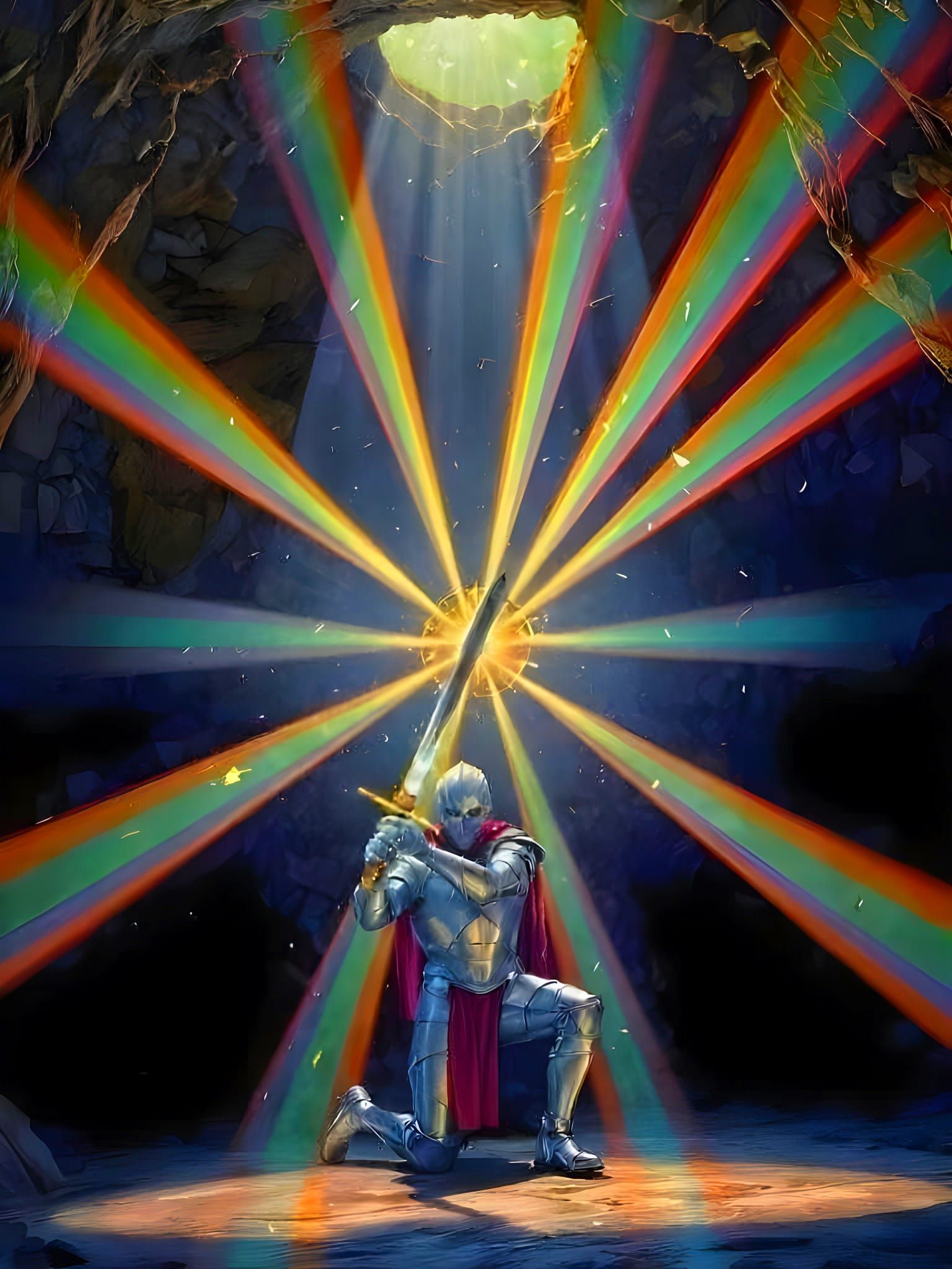 Knight with sword reflecting rainbow rays in dark cave