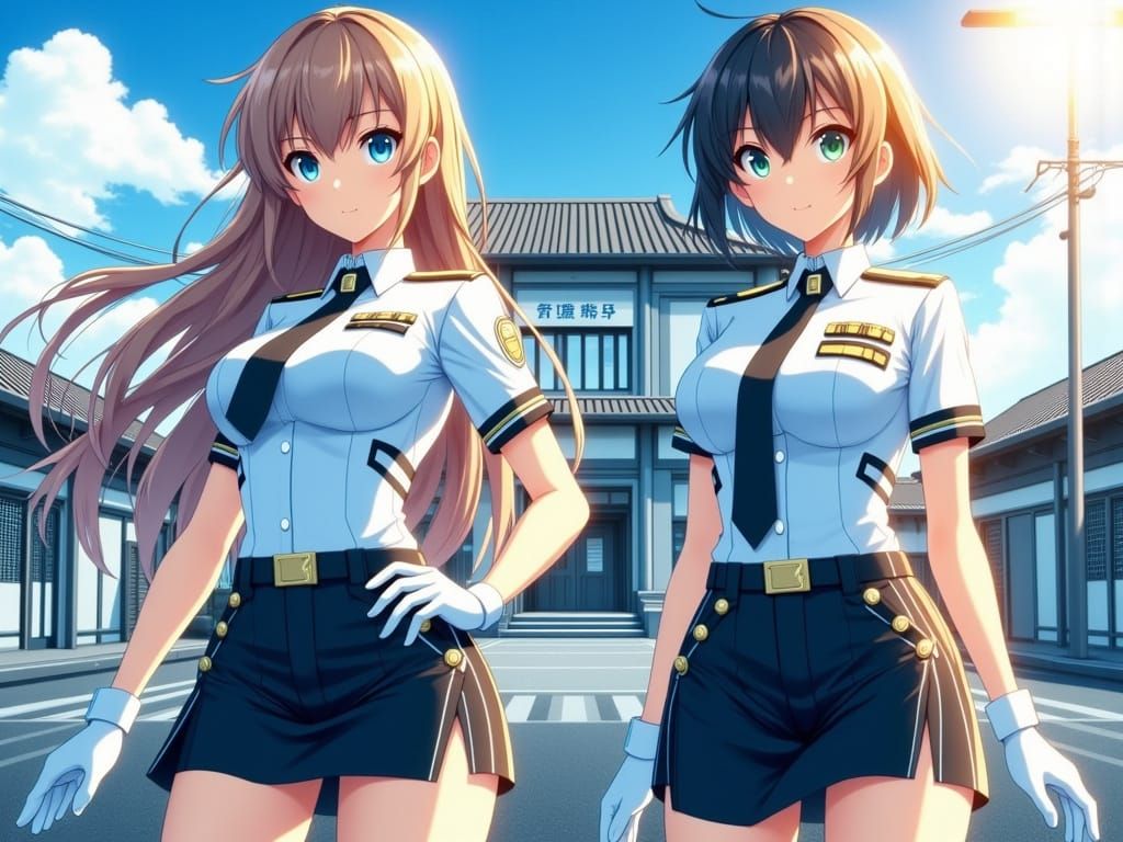 Two Anime style female Japanese Police women. One with long light brown ...