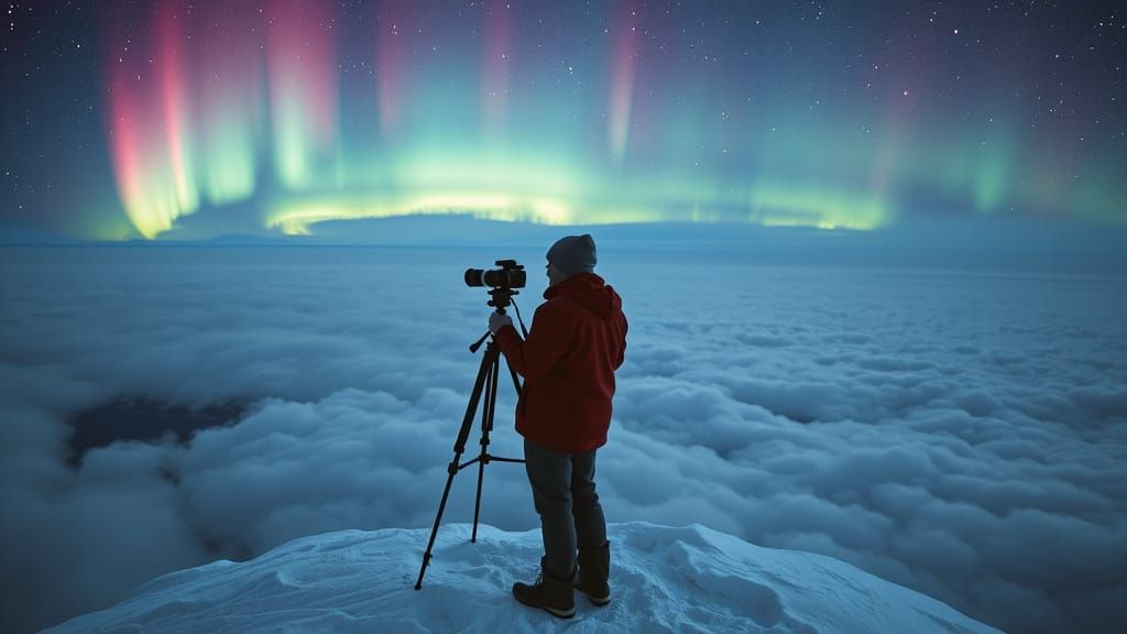 Aurora Night Over Snowy Mountain Cloud Inversion - AI Art