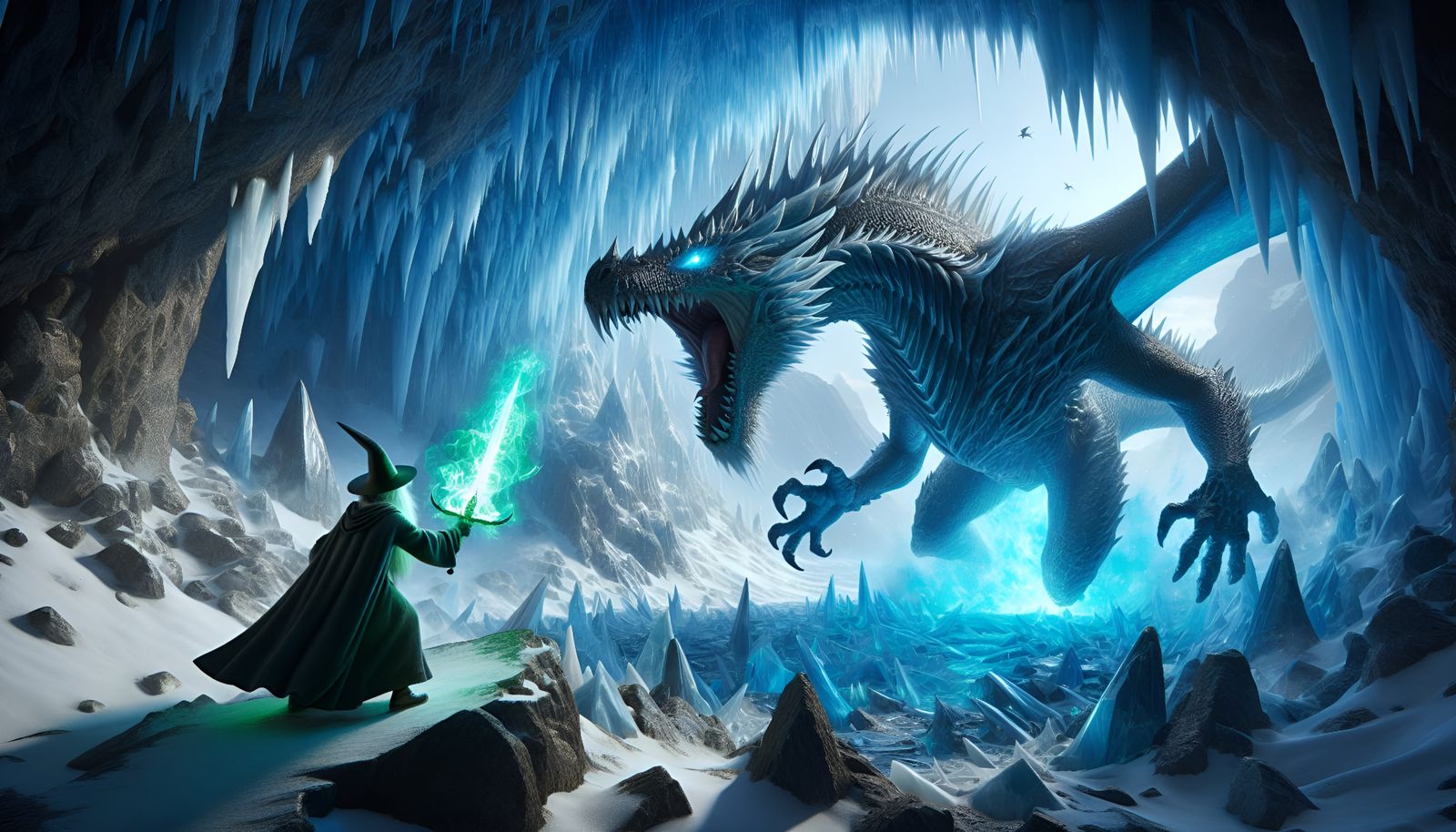 photorealistic, large angry ice dragon roaring at at a wizard who is ...
