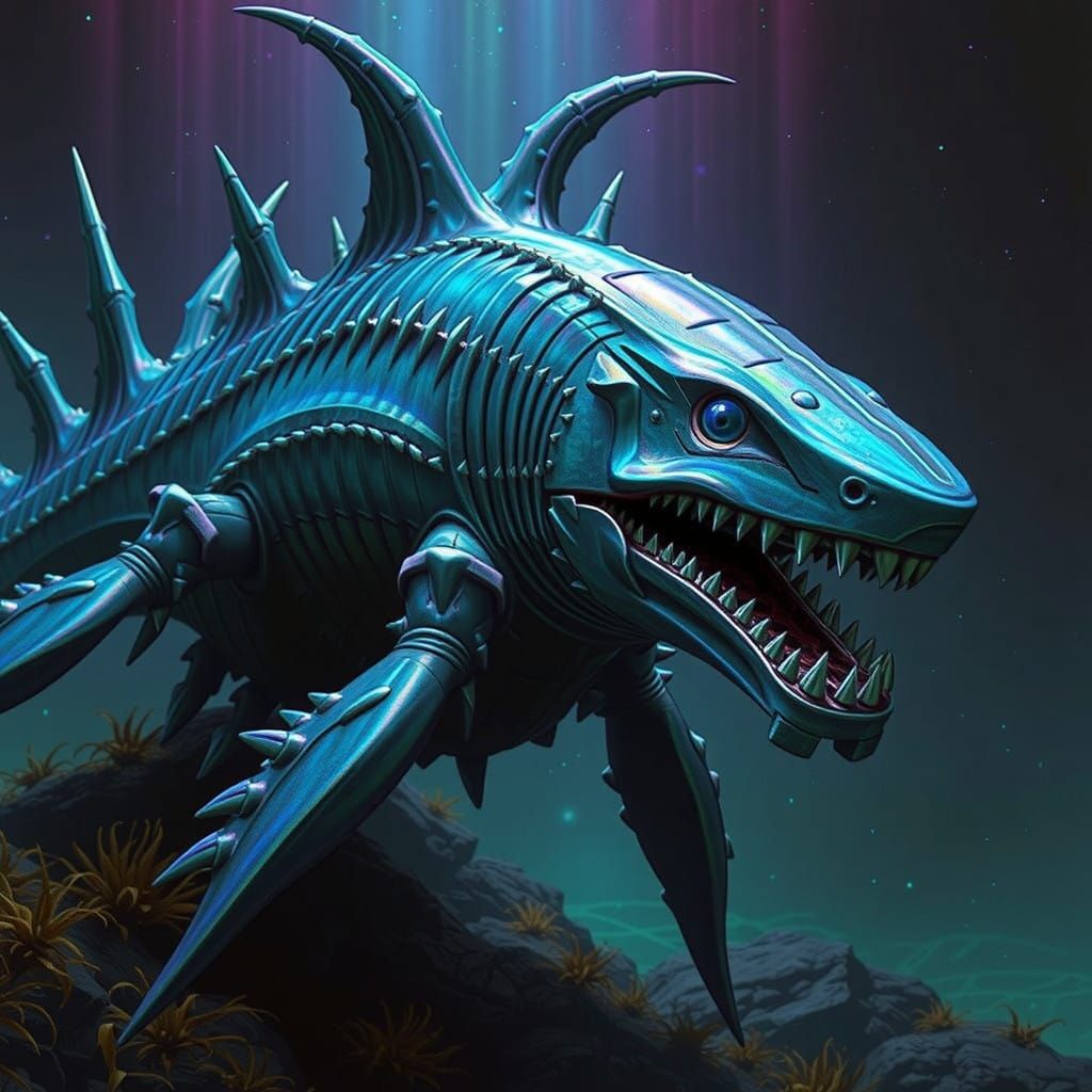 Neon Bioluminescent Shark Creature Ascends from Al... - AI Art