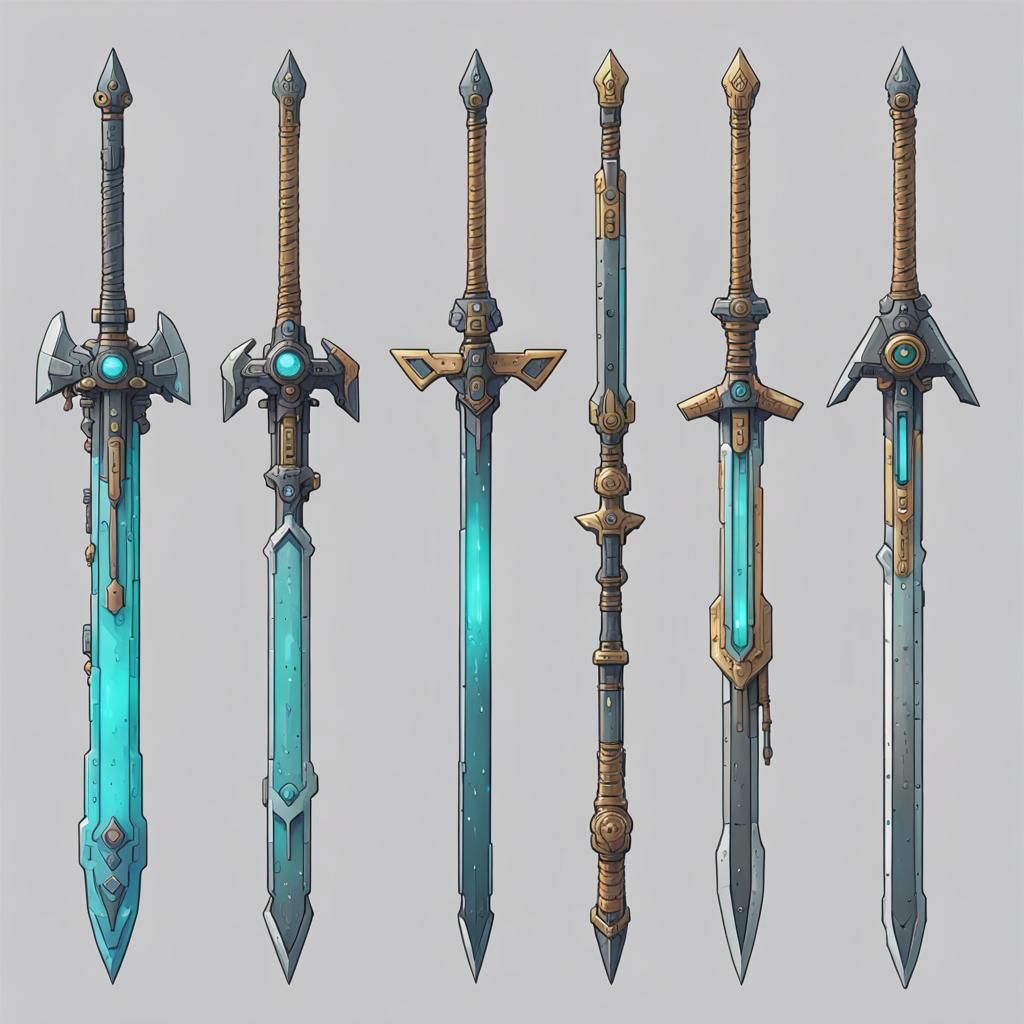 Weapon concept art, ((variations)) of a futuristic Master Sword ((From ...