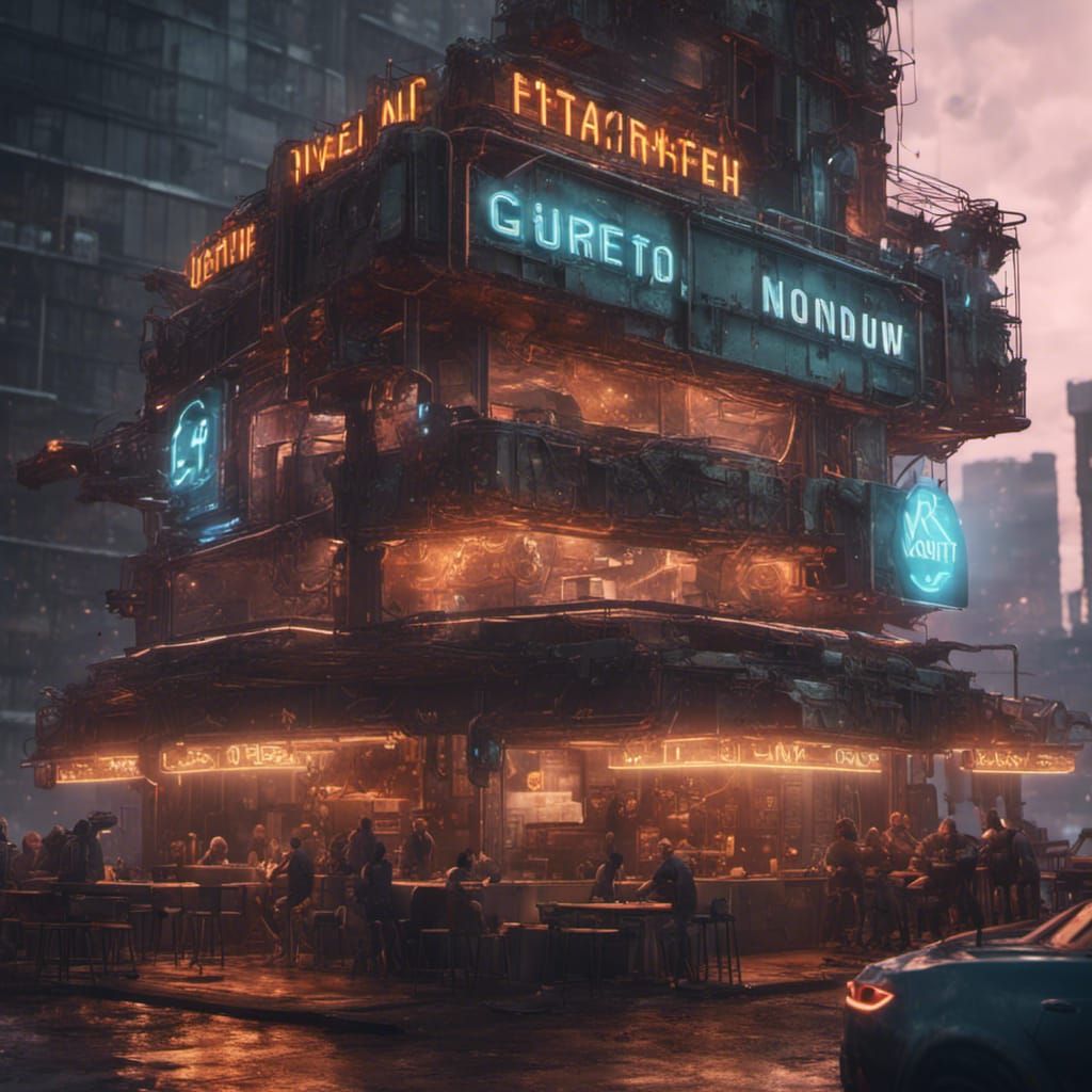 rusty rundown ghetto futuristic neon crowded restaurant made of metal ...