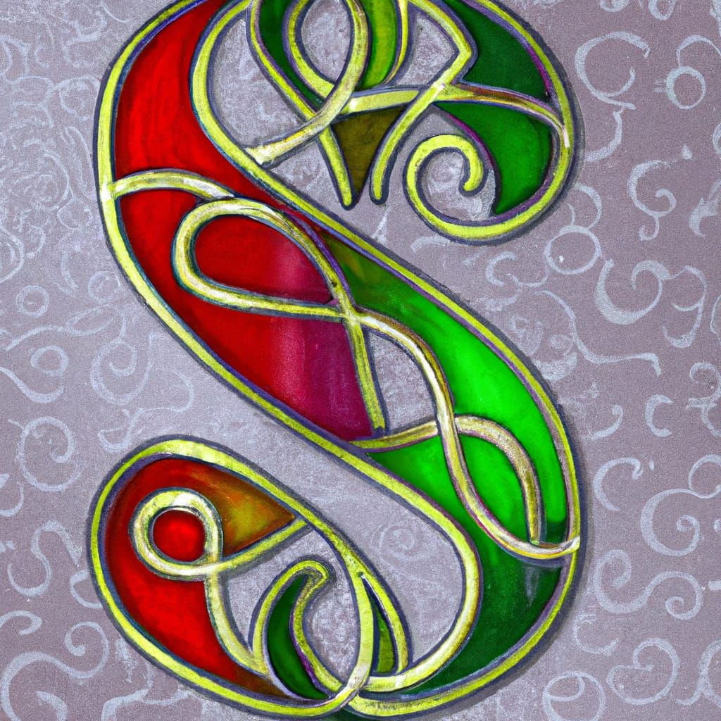Beautiful, Celtic style illuminated painted letter “S” using red, green ...