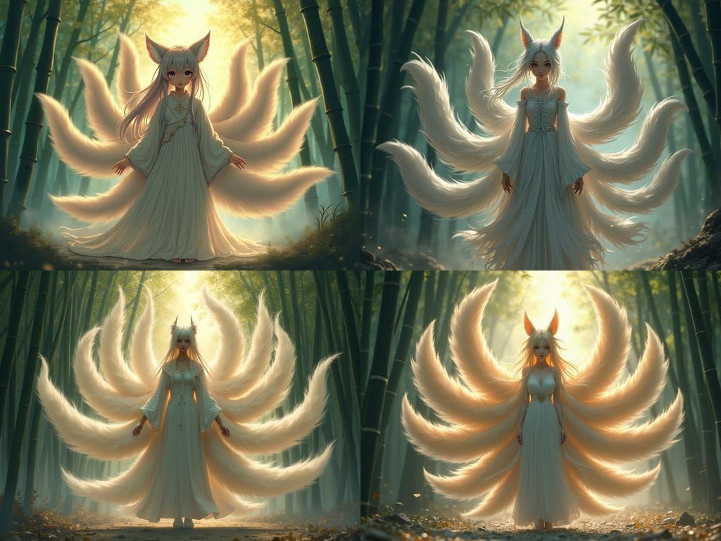 a Gumiho - Surreal Young Gumiho Goddess with Majestic Tails...