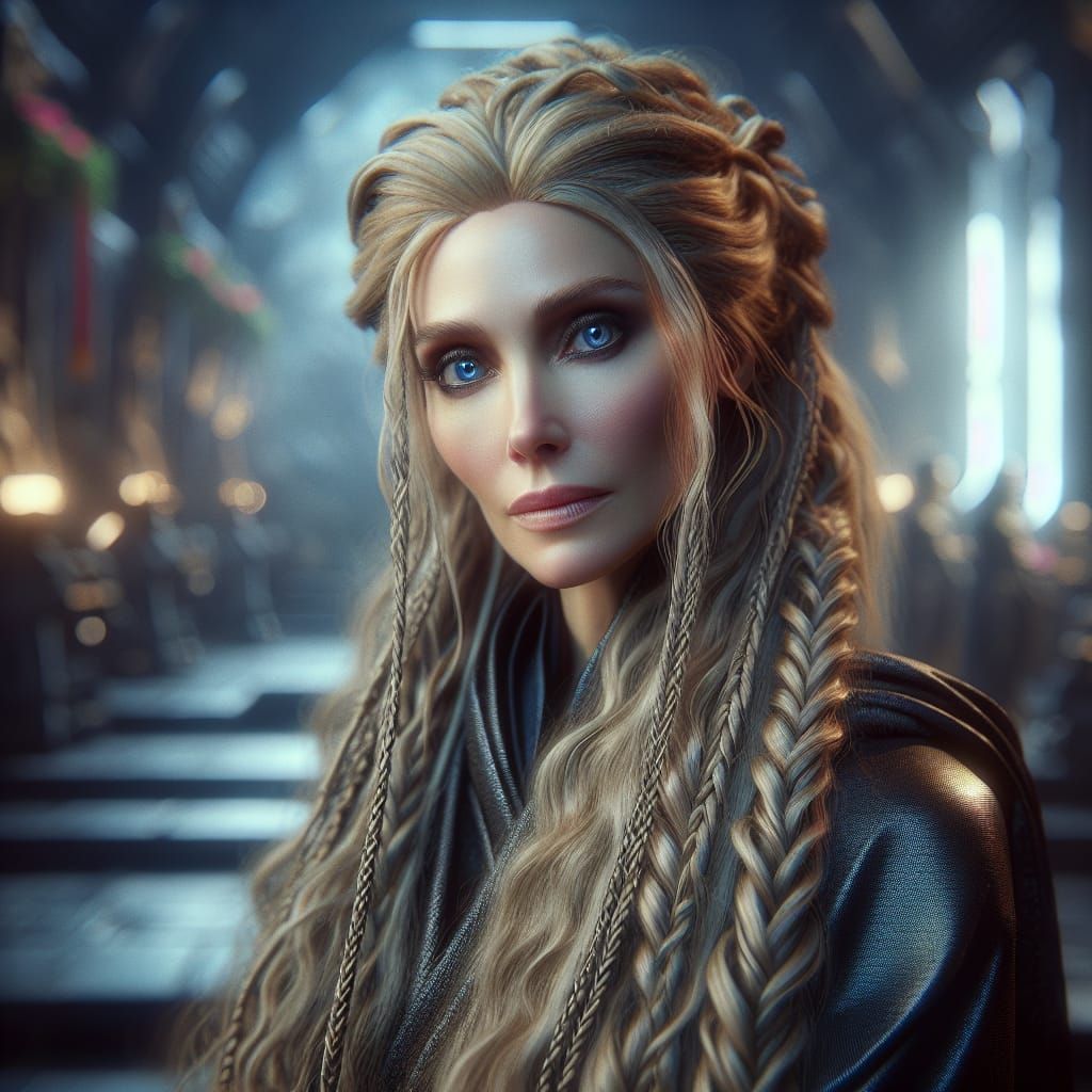 a beautiful 40-year-old woman with long blonde braided hair & blue eyes ...