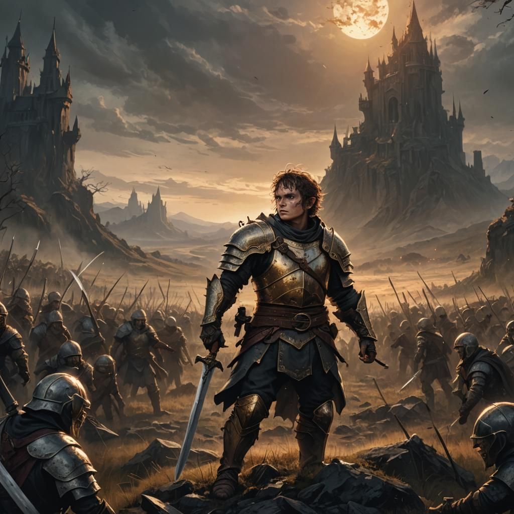 Dark Fantasy Halfling Warrior Raises Sword in a Bl... - AI Art