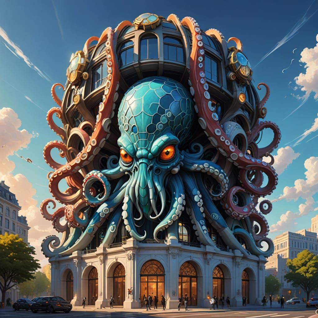 Modern Marble Octopus Building with Vibrant Summer... - AI Art