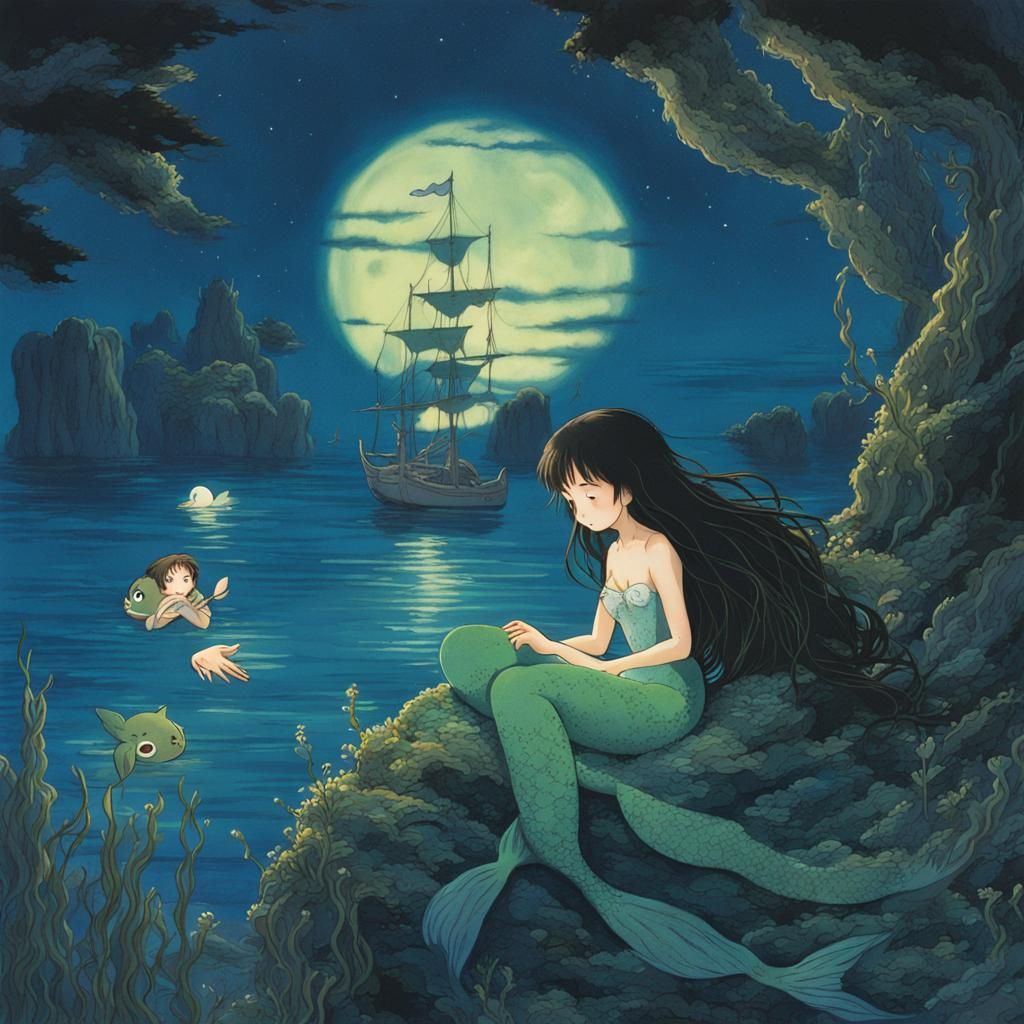 Studio Ghibli mermaid dreaming of a prince weaving seaweed at night ...