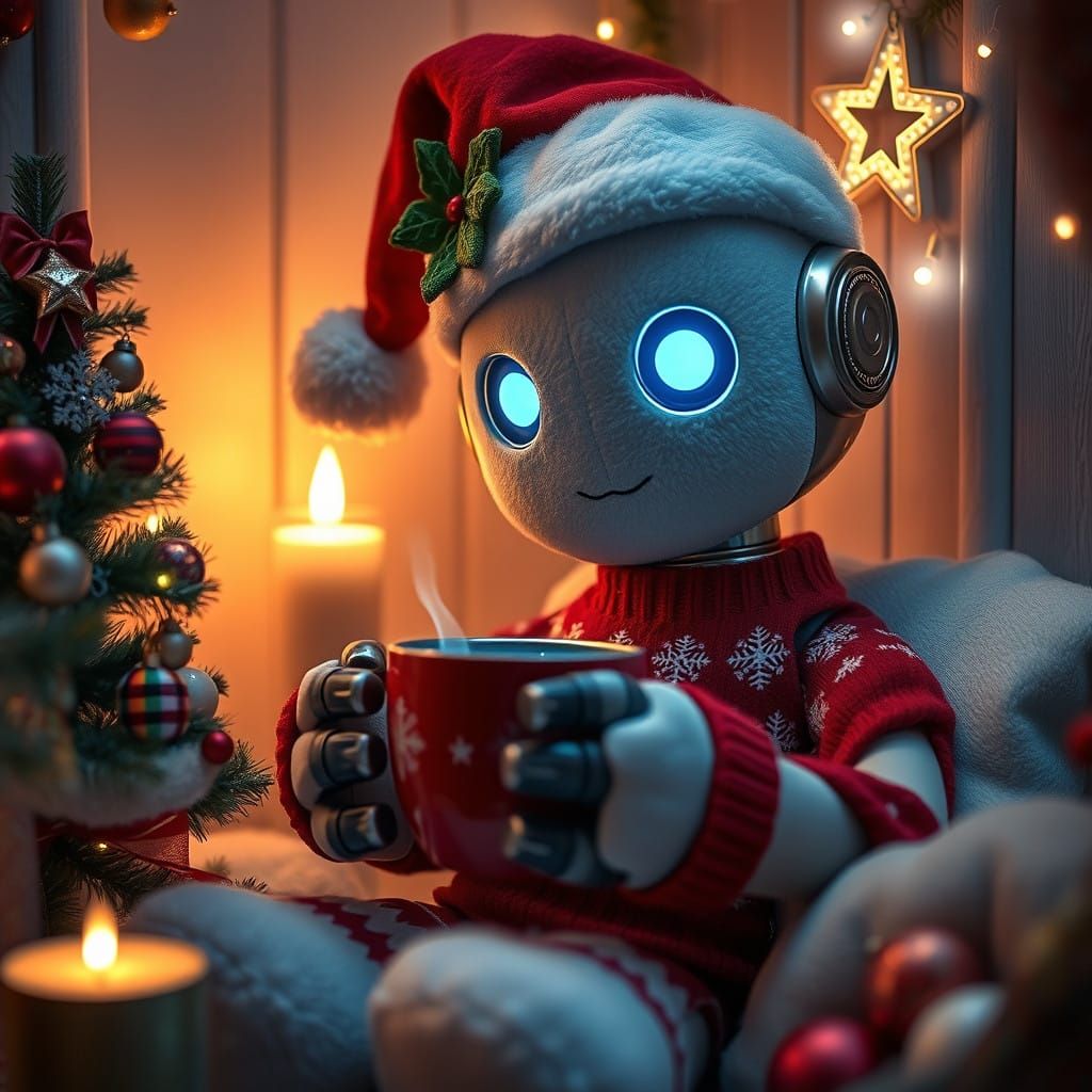 A cozy Christmas scene featuring a humanoid plush-like robot designed ...