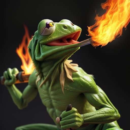 A life-like photo realistic incredibly muscular Kermit the frog wielding a flaming sword - AI ...