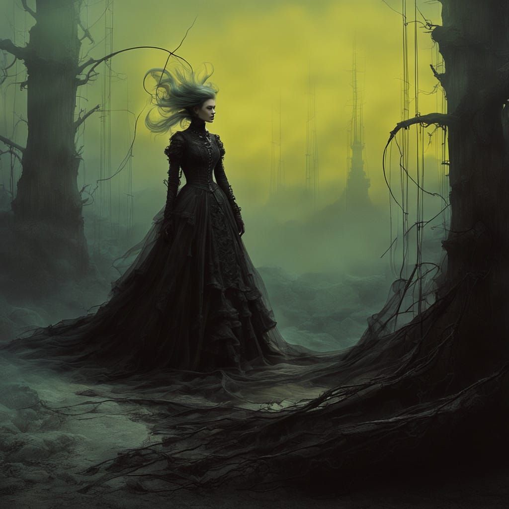 Ethereal Gothic Fashion Model in Swirling Fog - AI Art