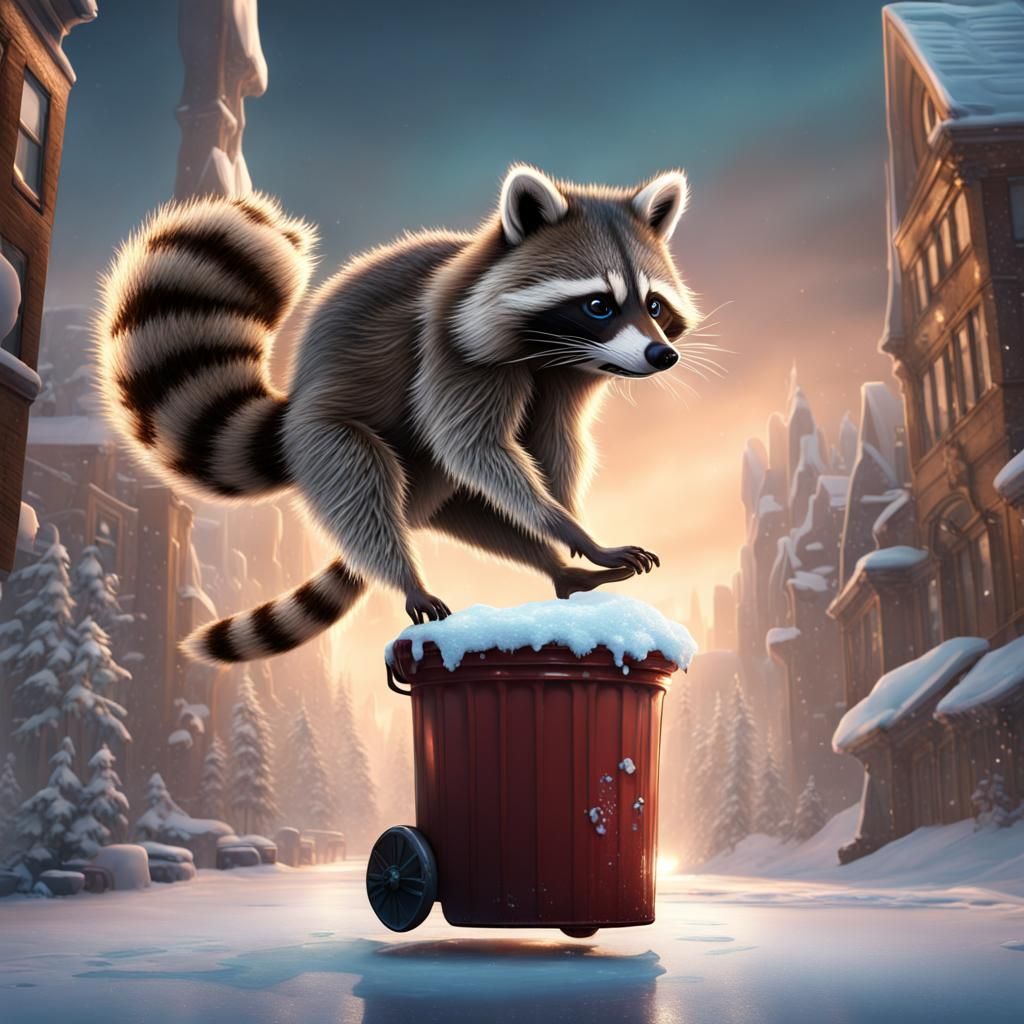 Raccoon Ice Skating on Frozen Trash Can - AI Art