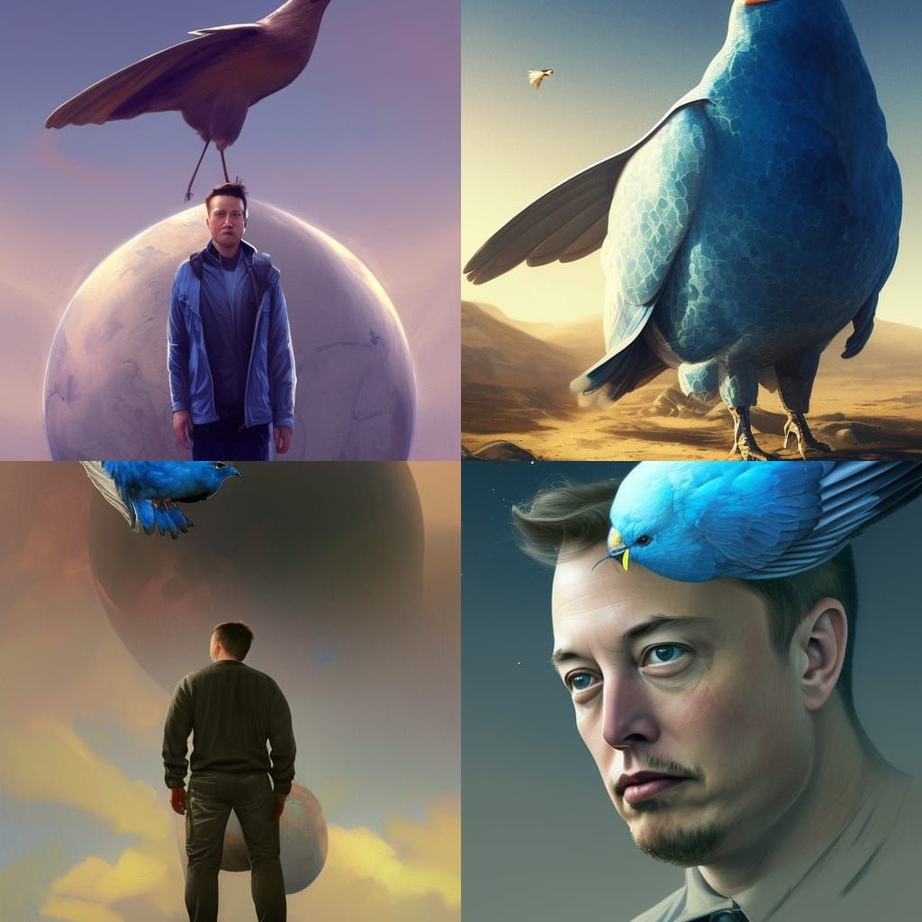Elon Musk standing on the Earth's globe trying to keep a big blue bird ...
