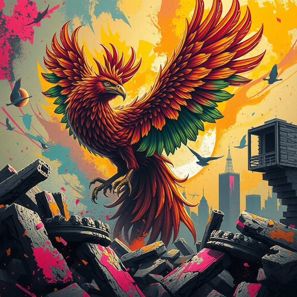 Imagine a hyper-detailed, realistic graffiti mural depicting a phoenix ...