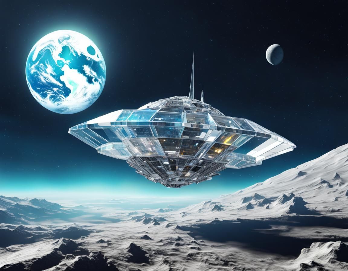 Transparent crystal gemstone spaceship, hovering over the moon with ...
