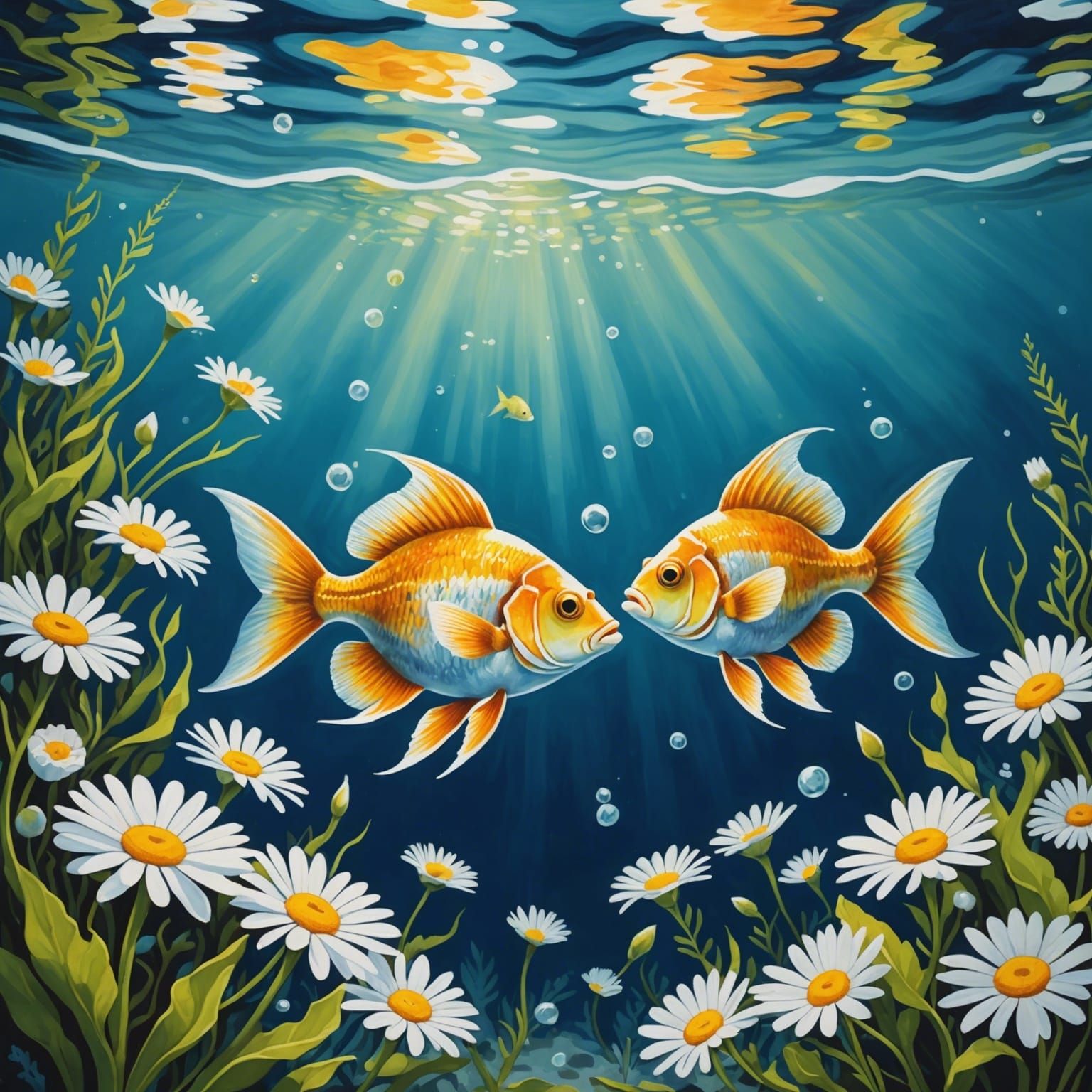 two fish in love, underwater with daisies, light coming in at an angle ...