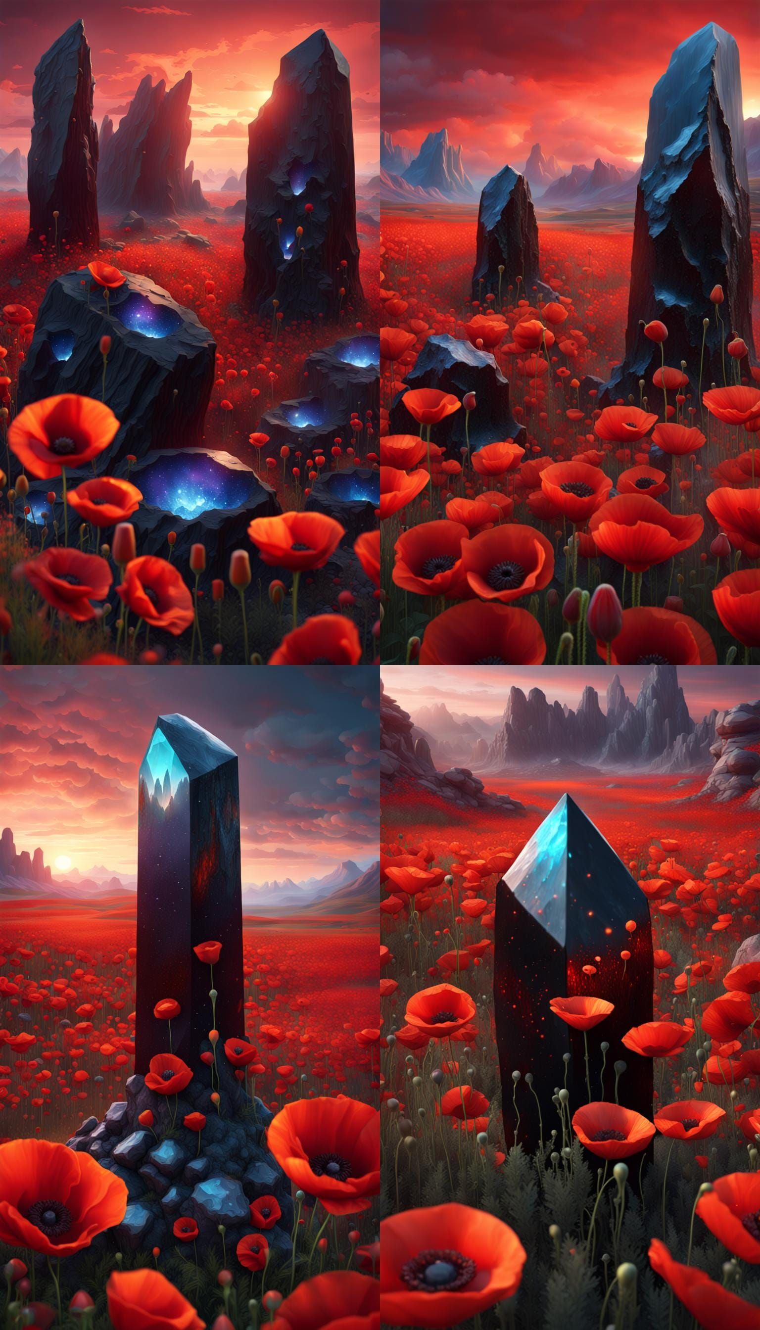In the center of a vibrant poppy field, an obsidian monolith stands ...